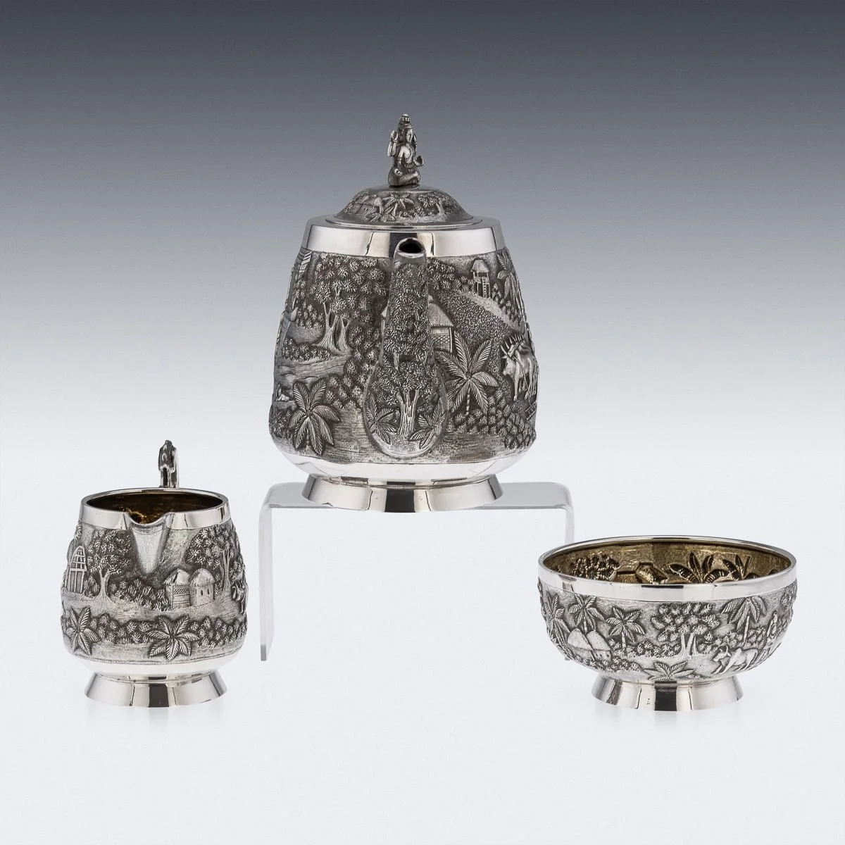 ANTIQUE 20thC INDIAN SOLID SILVER THREE PIECE TEA SET, GRISH CHUNDER ...
