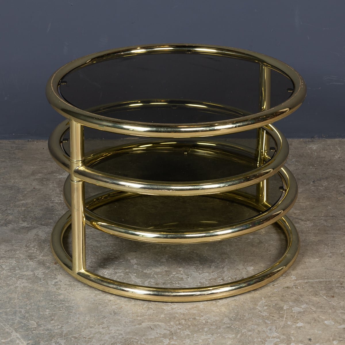 20thC BRASS & GLASS THREE-TIER "SWIVEL" CIRCULAR TABLE BY MILO BAUGHMAN ...