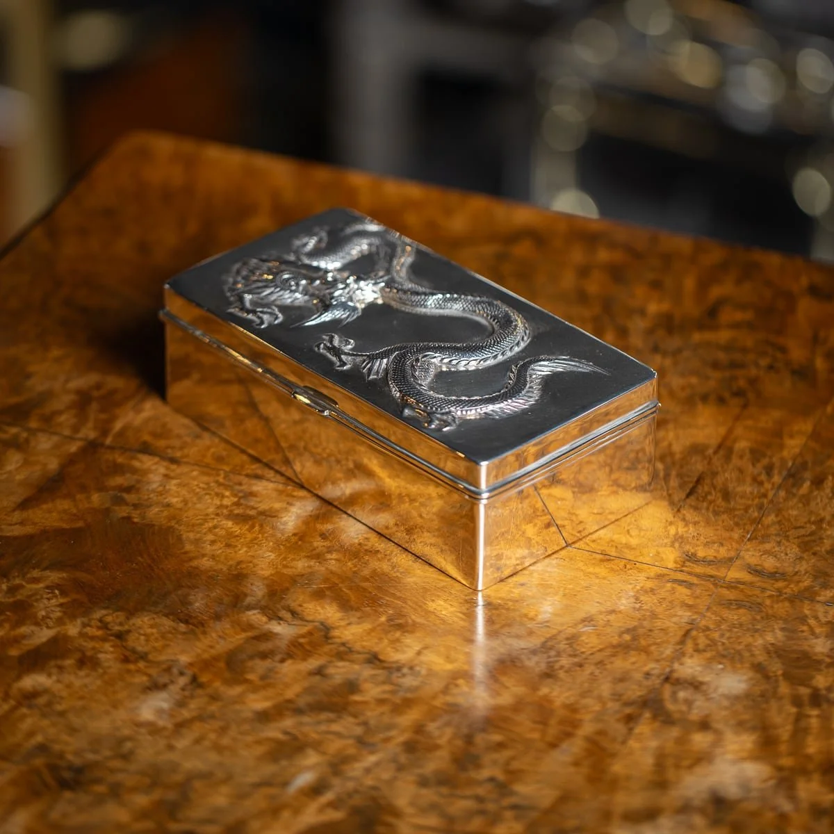 ANTIQUE 19thC CHINESE SOLID SILVER DRAGON CIGAR BOX, CANTON c.1880 ...