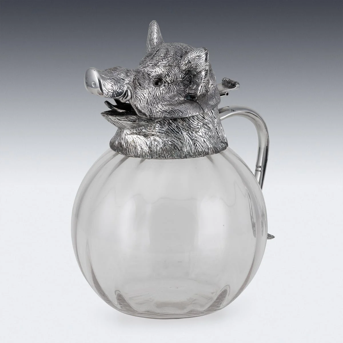 MID 20thC SILVER PLATE BOAR HEAD & GLASS JUG WITH CUPS BY VALENTI c ...