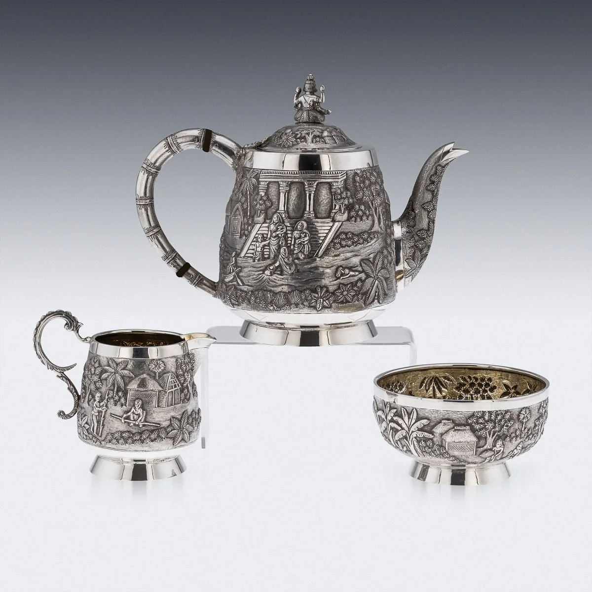 ANTIQUE 20thC INDIAN SOLID SILVER THREE PIECE TEA SET, GRISH CHUNDER ...