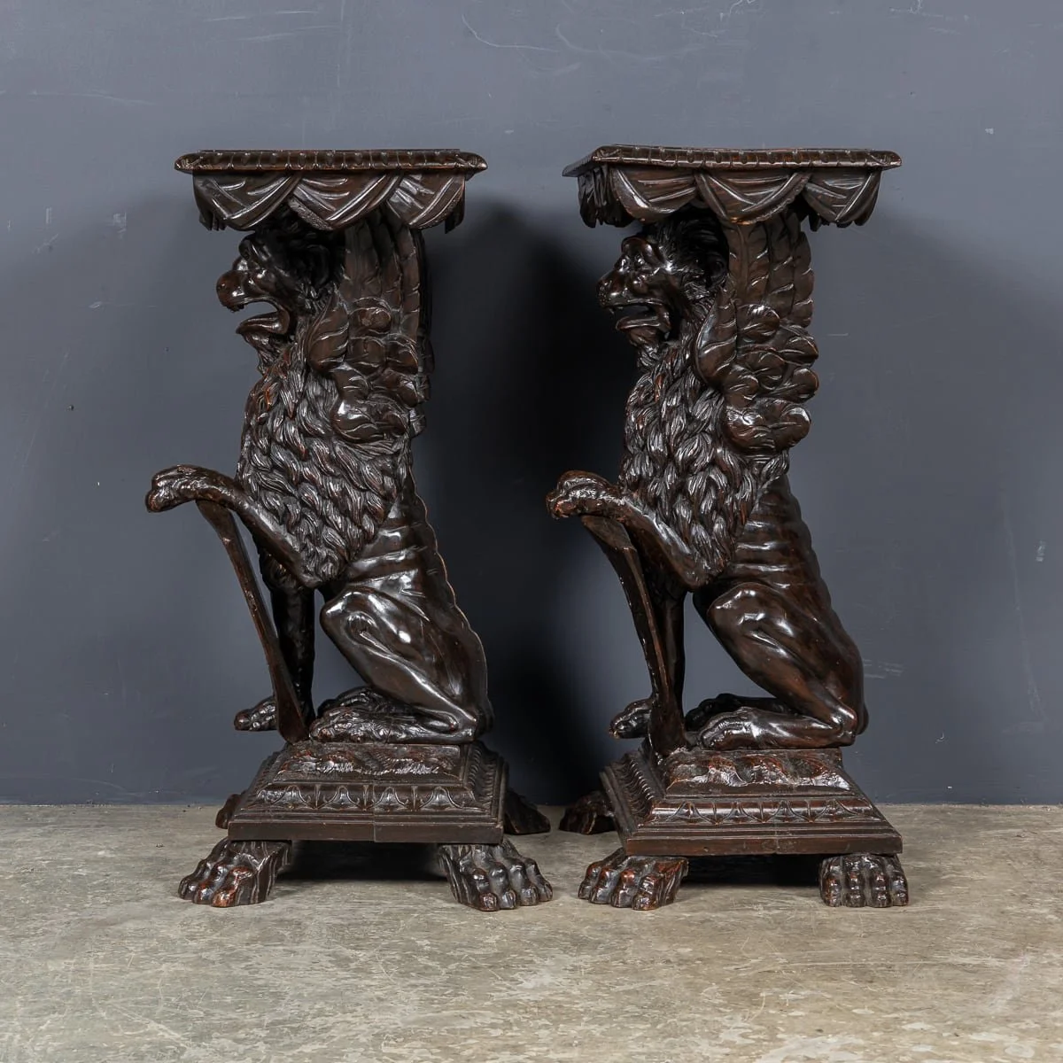 ANTIQUE 19thC VICTORIAN PAIR OF HAND CARVED MAHOGANY GRIFFIN TABLES c ...