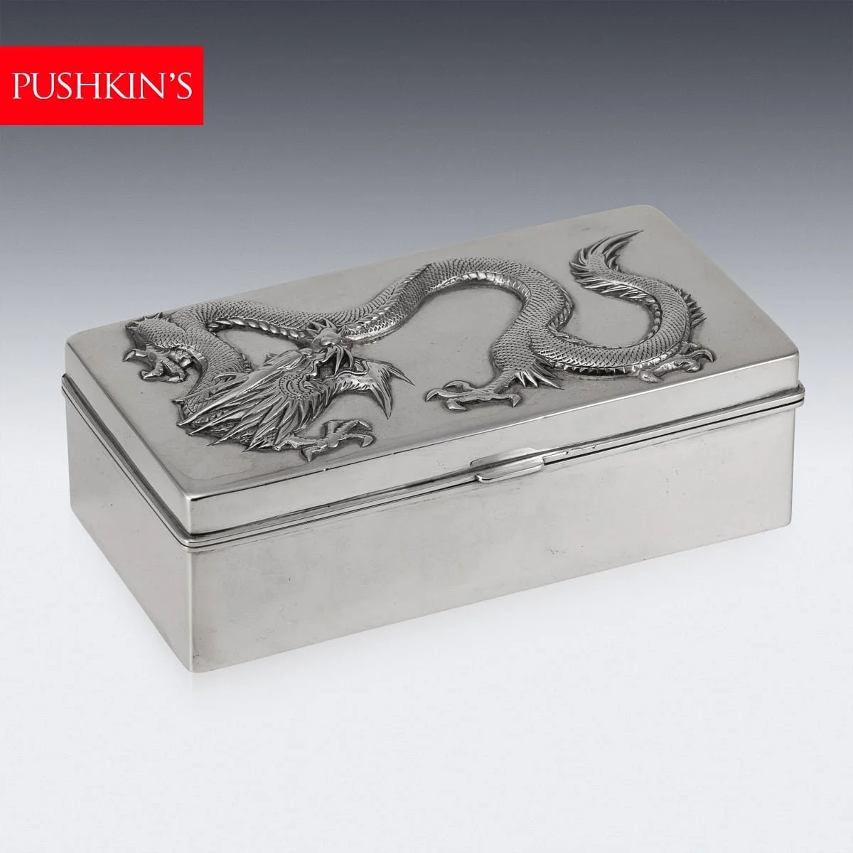ANTIQUE 19thC CHINESE SOLID SILVER DRAGON CIGAR BOX, CANTON c.1880 ...