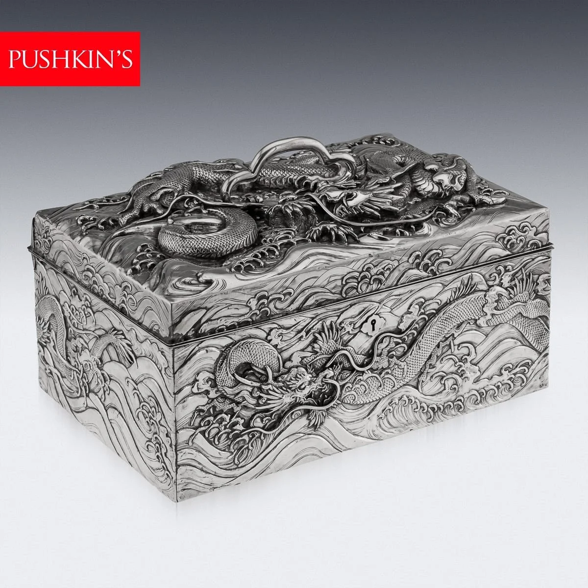 ANTIQUE 20thC JAPANESE MEIJI PERIOD SOLID SILVER DRAGON CIGAR HUMIDOR ...