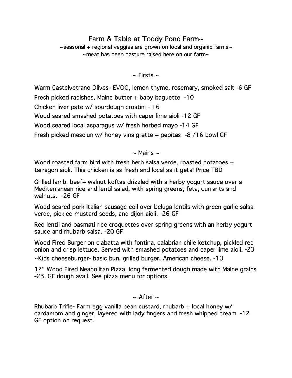 Menus — Toddy Pond Farm