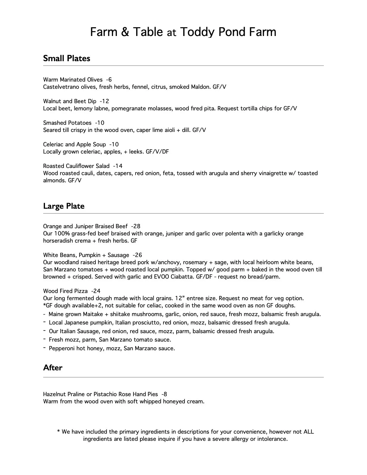 Menus — Toddy Pond Farm