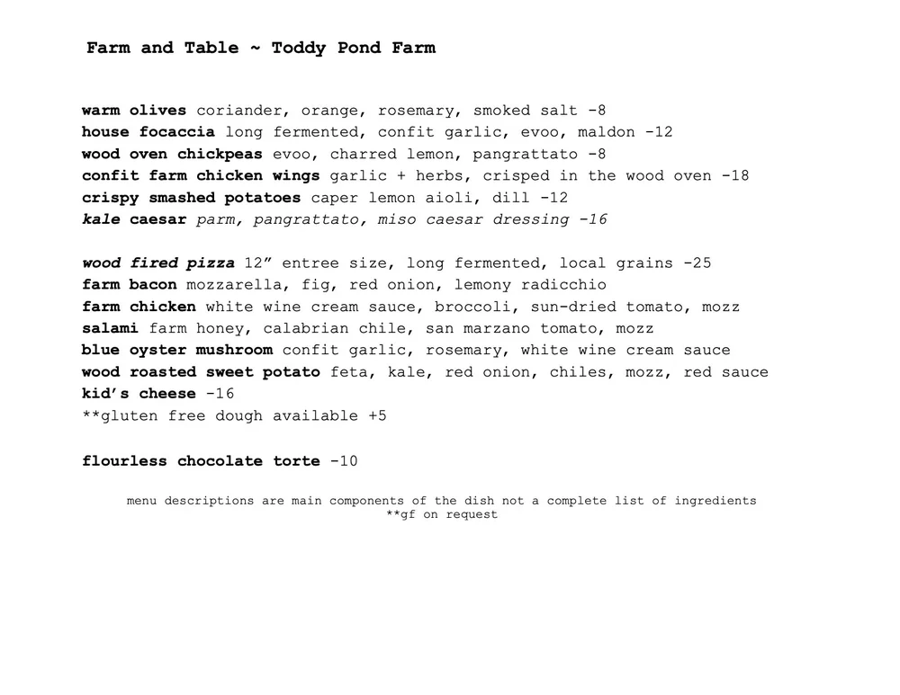 Menus — Toddy Pond Farm