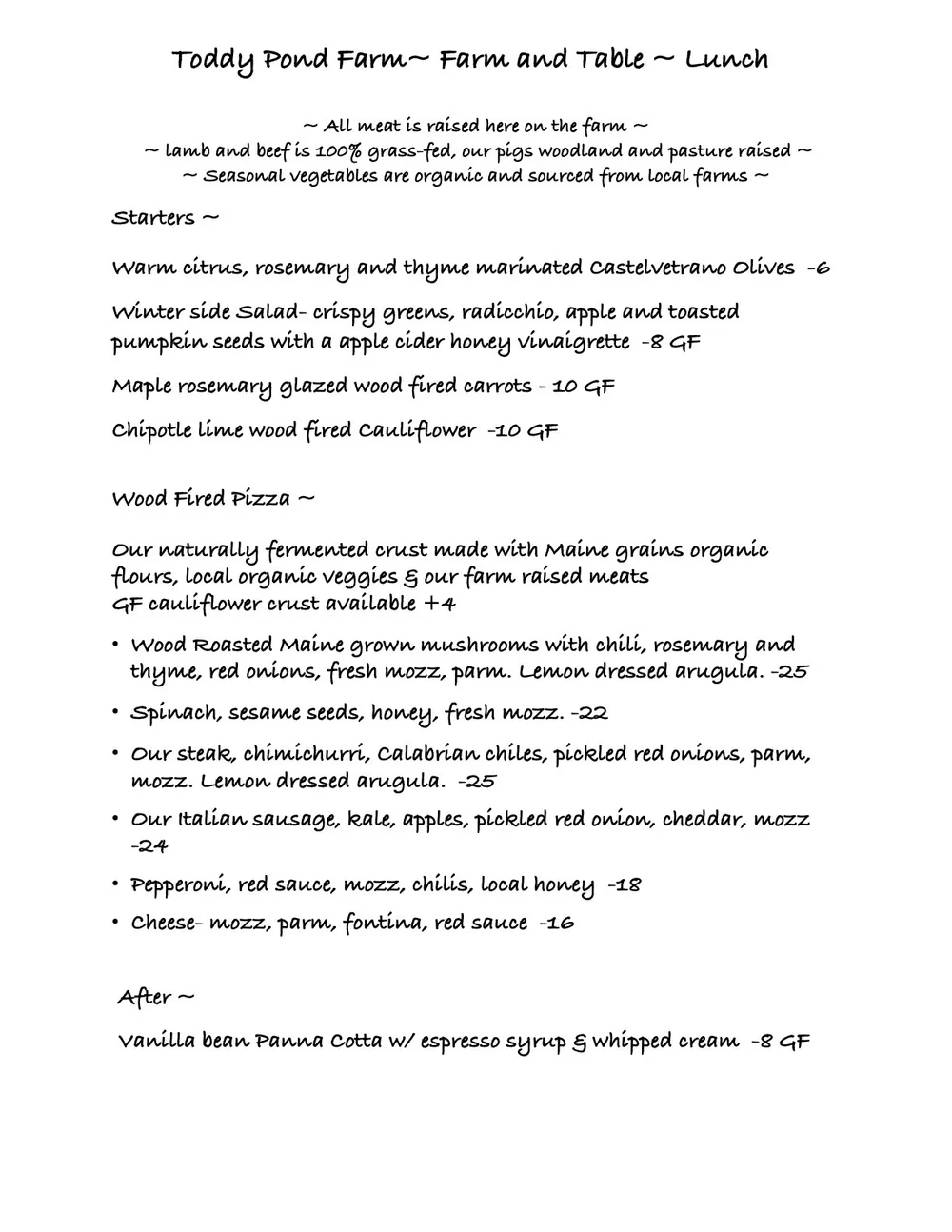 Menus — Toddy Pond Farm