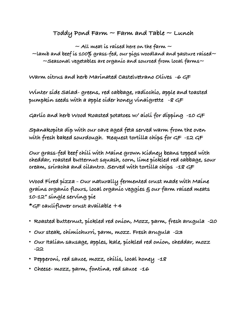 Menus — Toddy Pond Farm