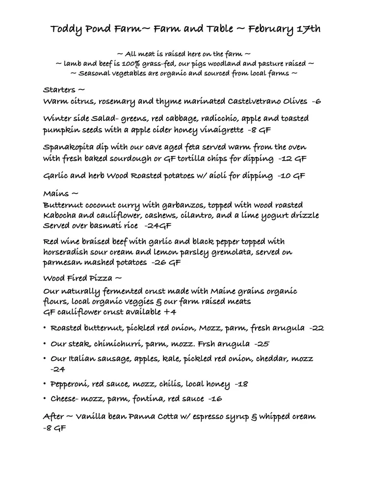 Menus — Toddy Pond Farm