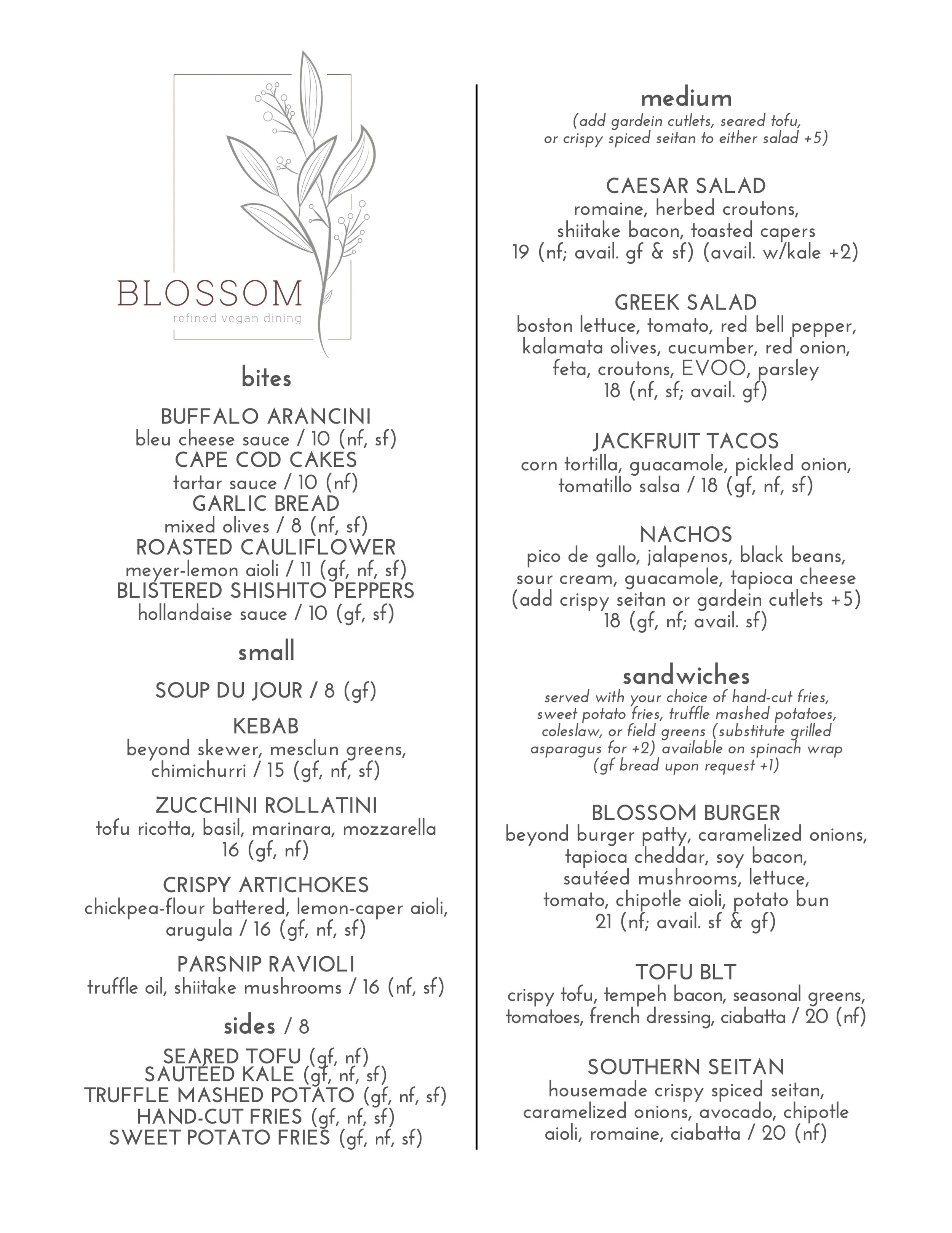 Blossom on University Menu — Blossom Restaurants
