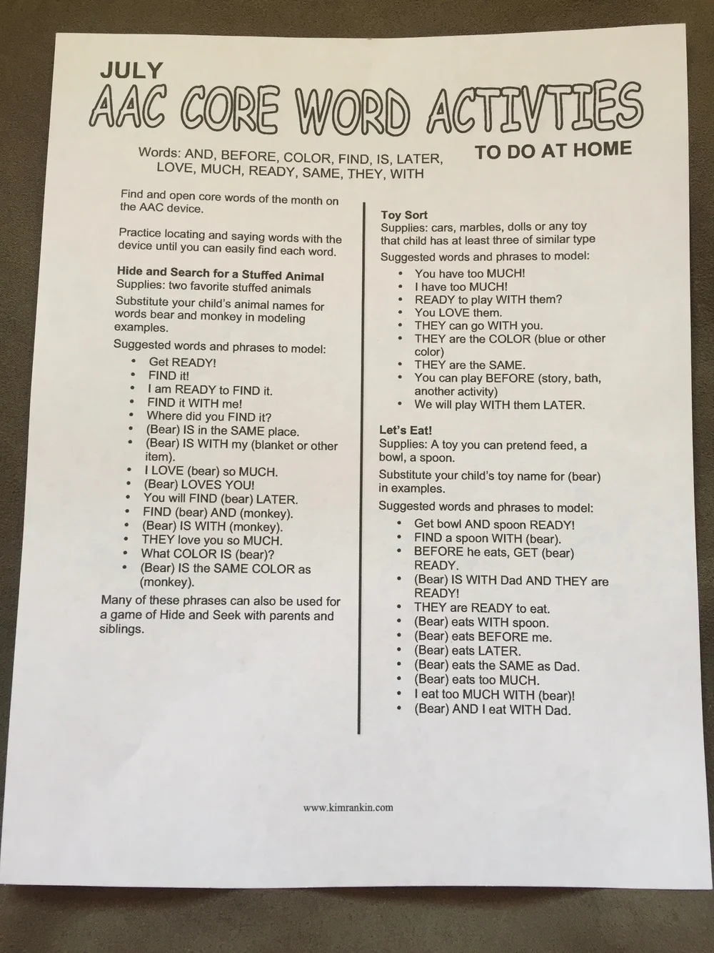 July AAC Core Word Activities At Home Free Printable — Kim Rankin