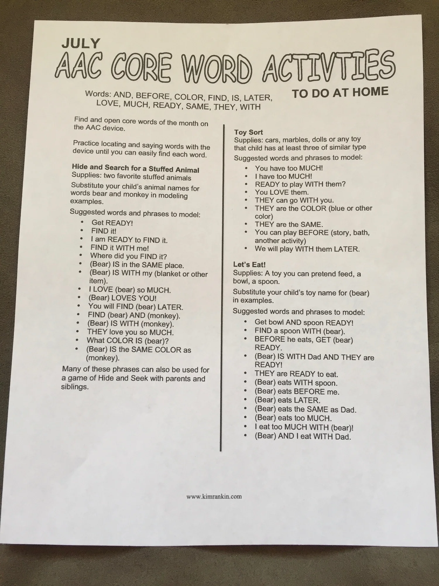 July AAC Core Word Activities At Home Free Printable — Kim Rankin