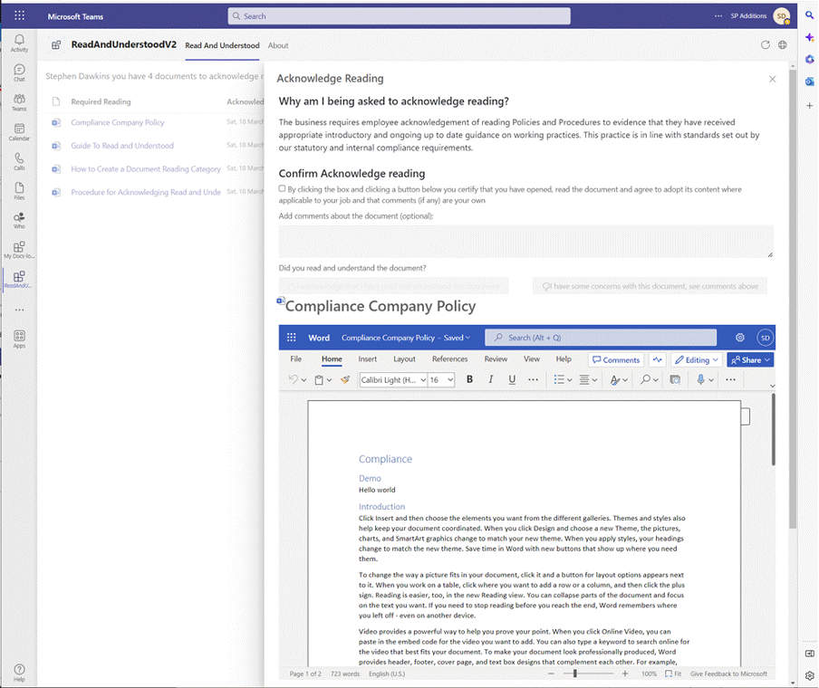 Teams and SharePoint Acknowledgement App Install — Read and Understood ...