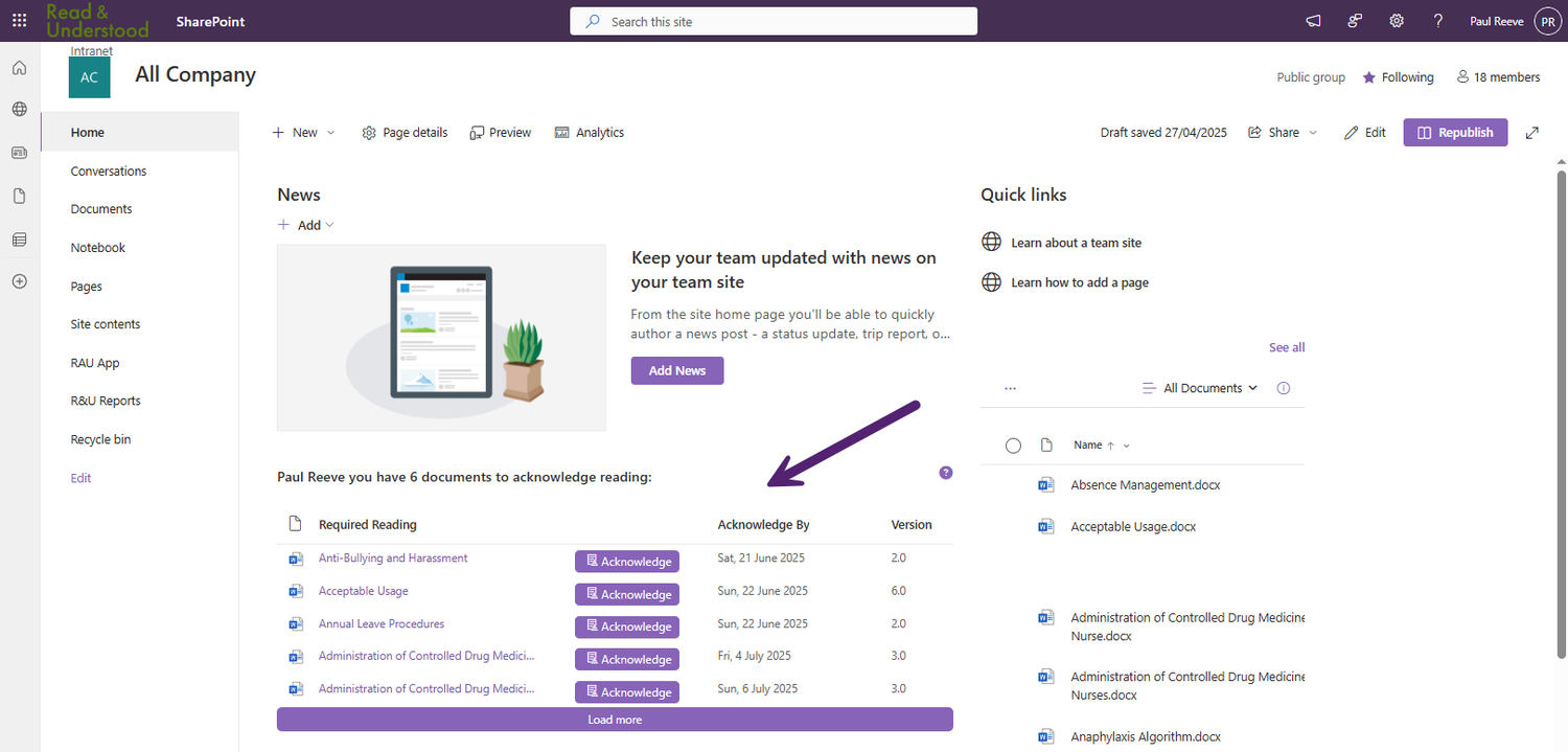 Teams and SharePoint Acknowledgement App Install — Read and Understood ...