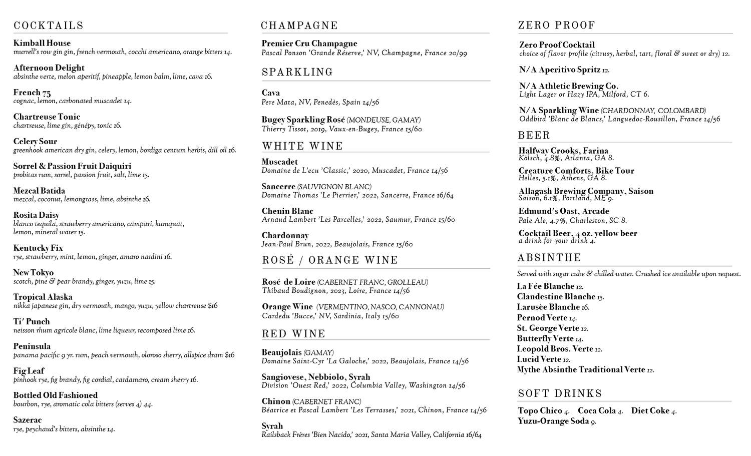 Menus — Kimball House