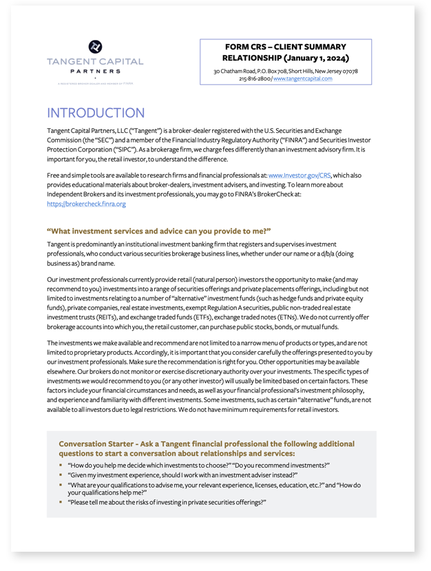 Form CRS — Tangent Capital Partners, LLC
