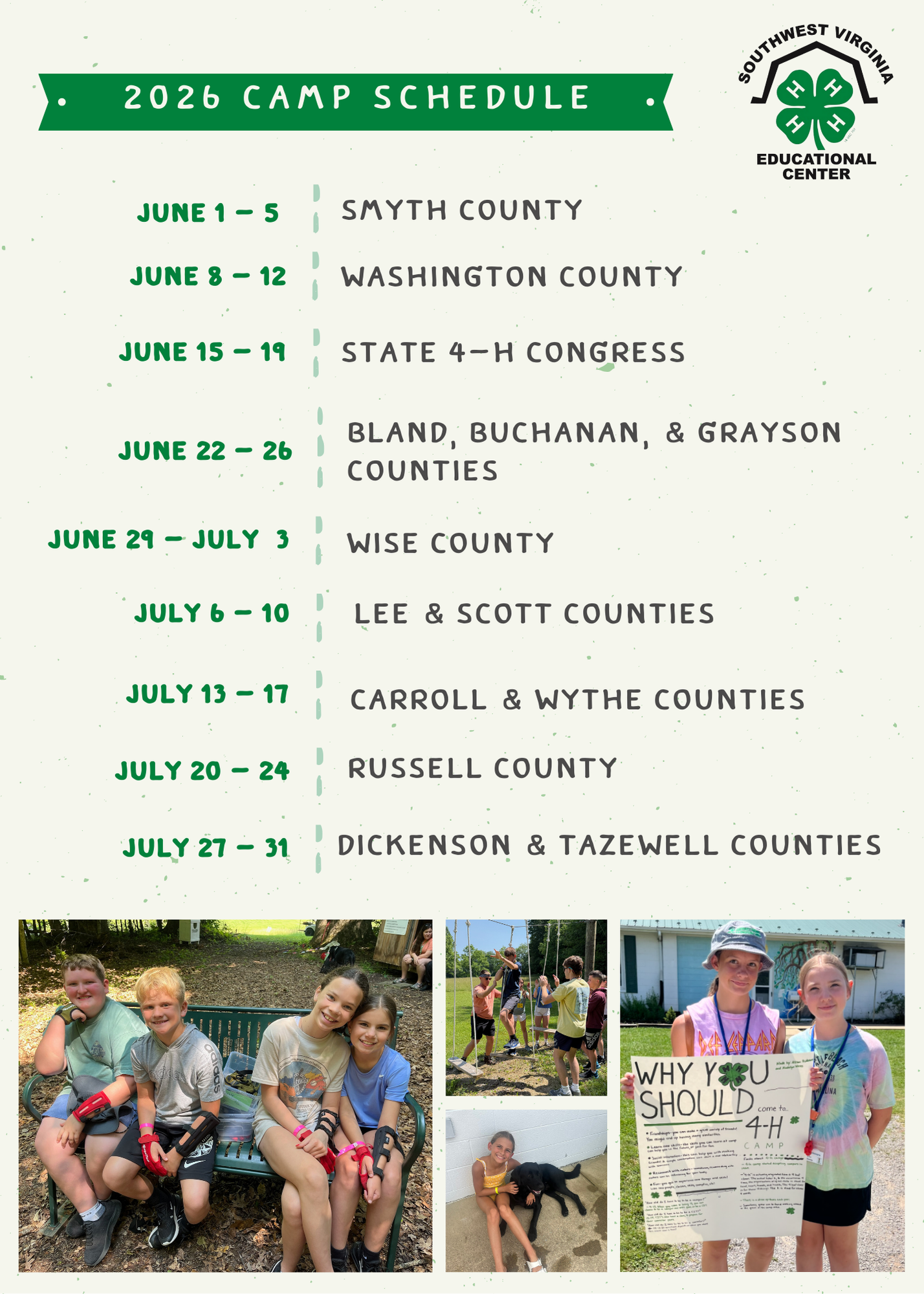 Southwest Virginia 4-H Educational Center - 2026 4-H Junior Camp Schedule