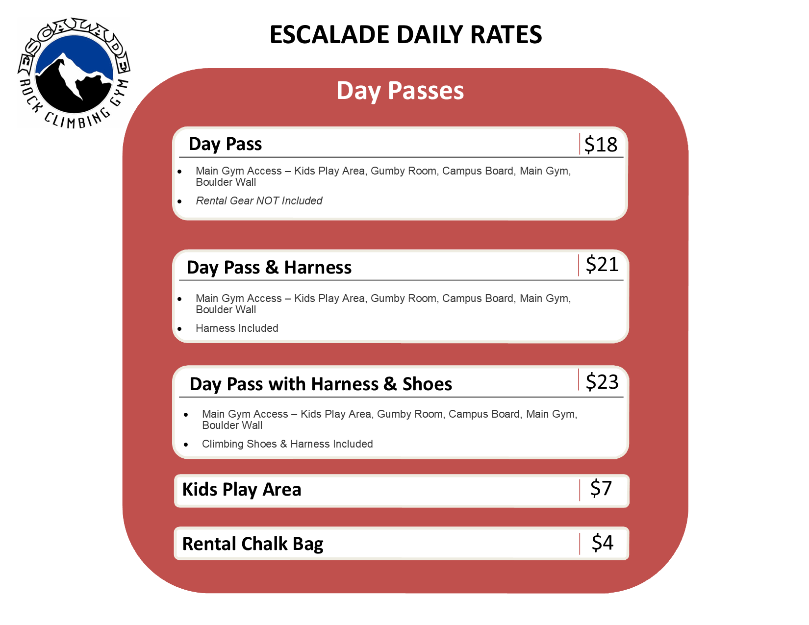 Rates — Escalade Rock Climbing