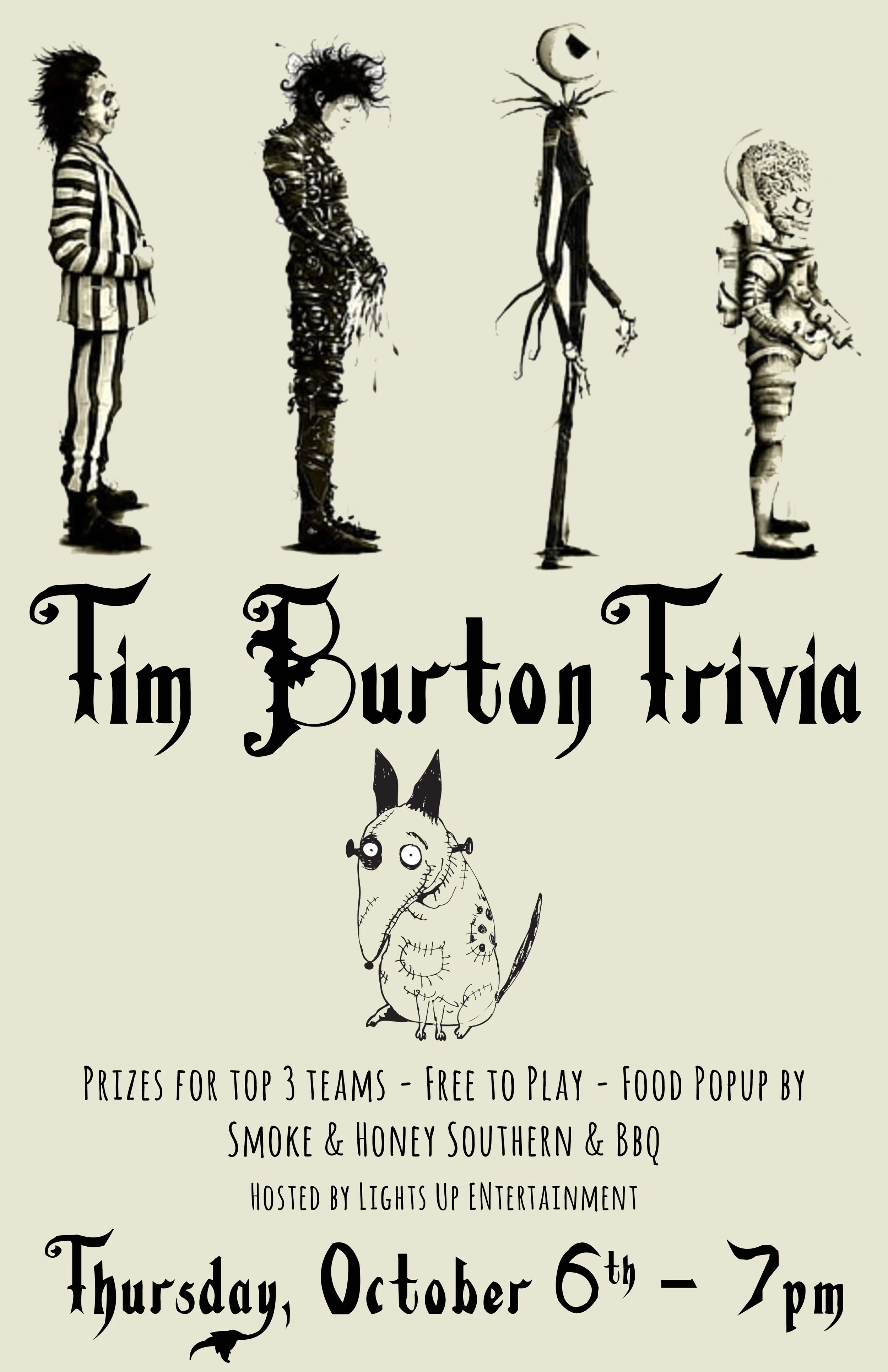 Tim Burton Themed Trivia + Smoke & Honey Food Pop Up — Three Taverns ...