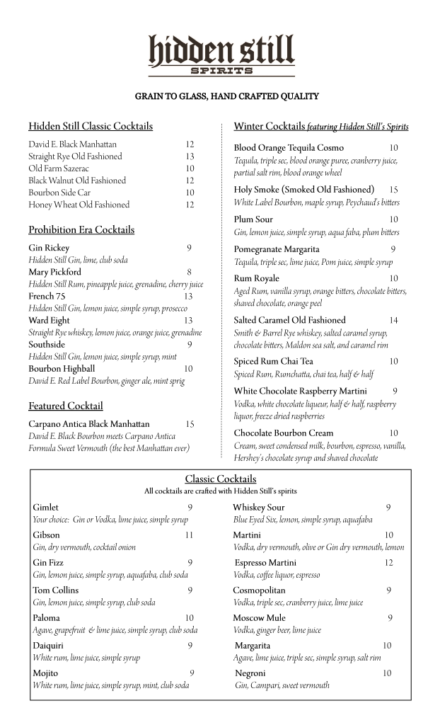 Lunch, Dinner, Kids & Beverage Menus — Hidden Still Spirits