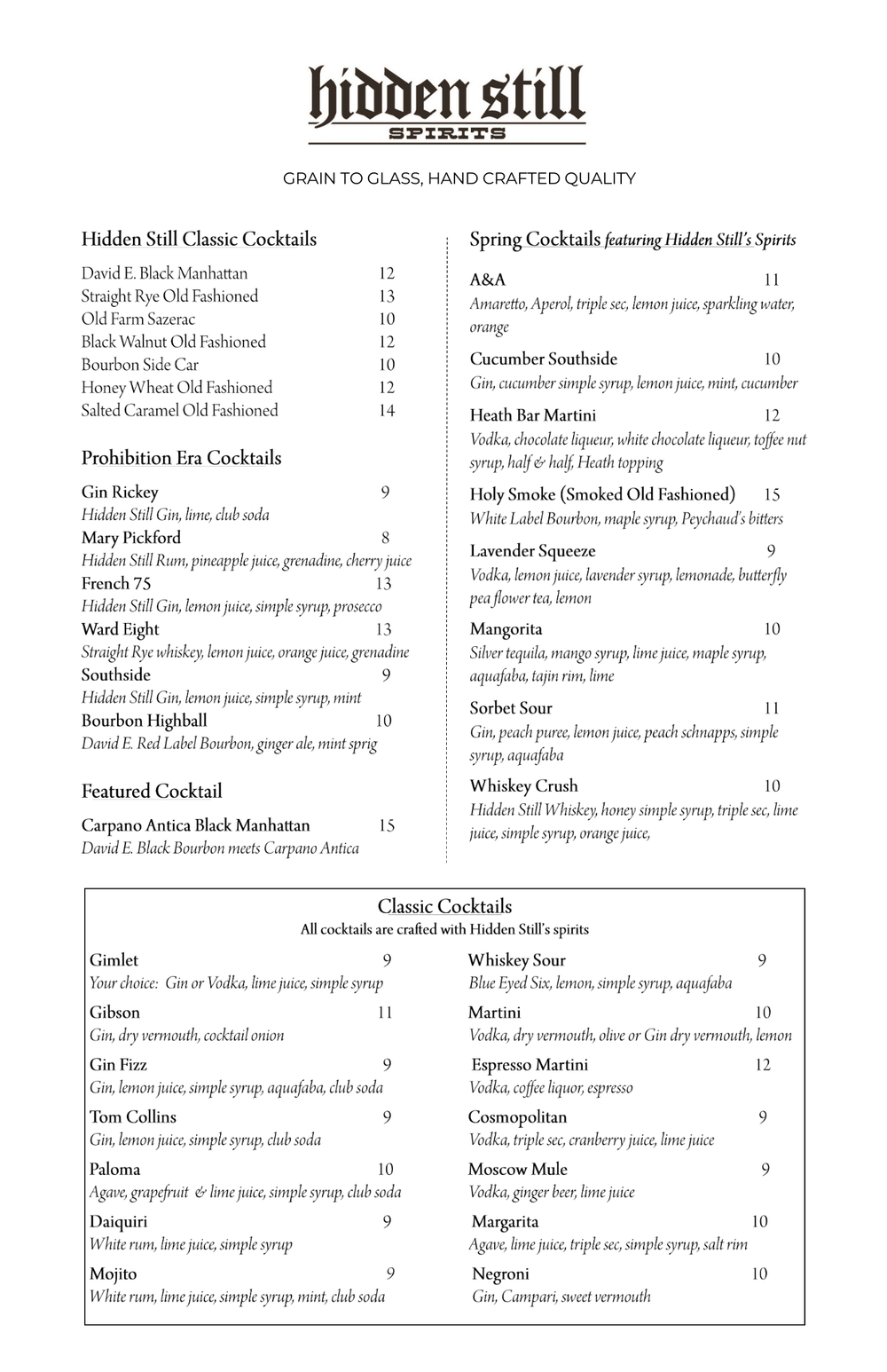 Lunch, Dinner, Kids & Beverage Menus — Hidden Still Spirits