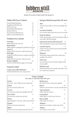 Lunch, Dinner, Kids & Beverage Menus — Hidden Still Spirits