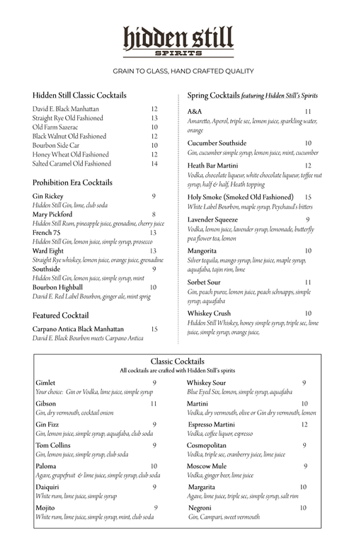 Lunch, Dinner, Kids & Beverage Menus — Hidden Still Spirits
