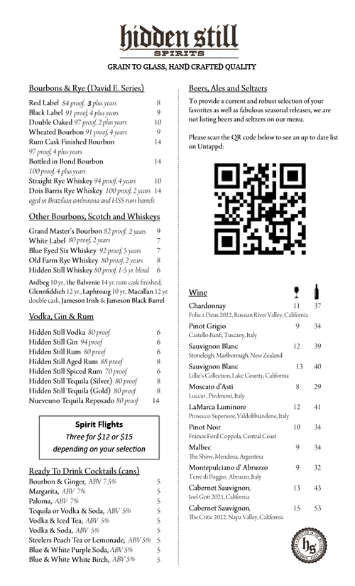 our mENUS — Hidden Still Spirits