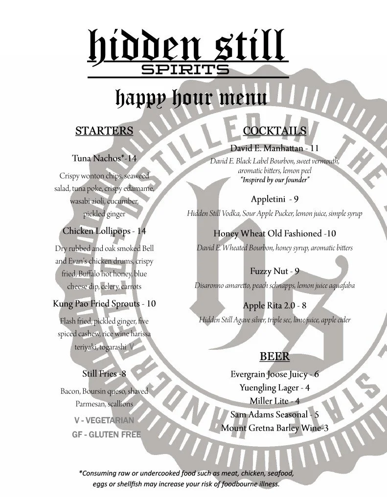 Lunch, Dinner, Kids & Beverage Menus — Hidden Still Spirits