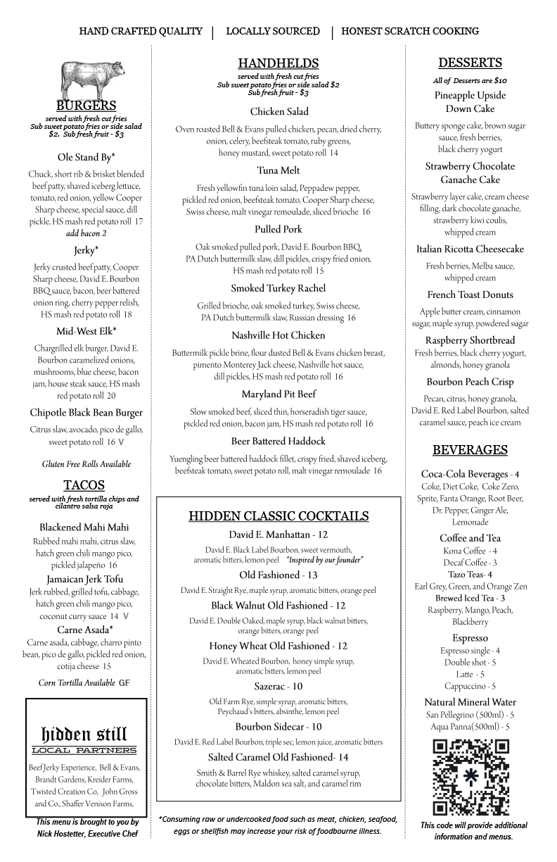 Lunch, Dinner, Kids & Beverage Menus — Hidden Still Spirits