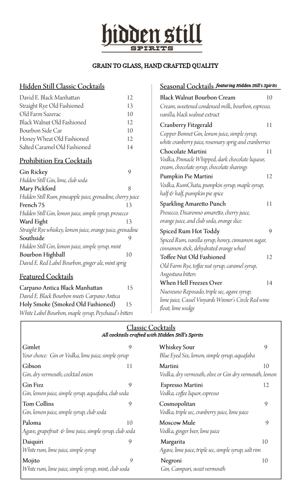 our mENUS — Hidden Still Spirits