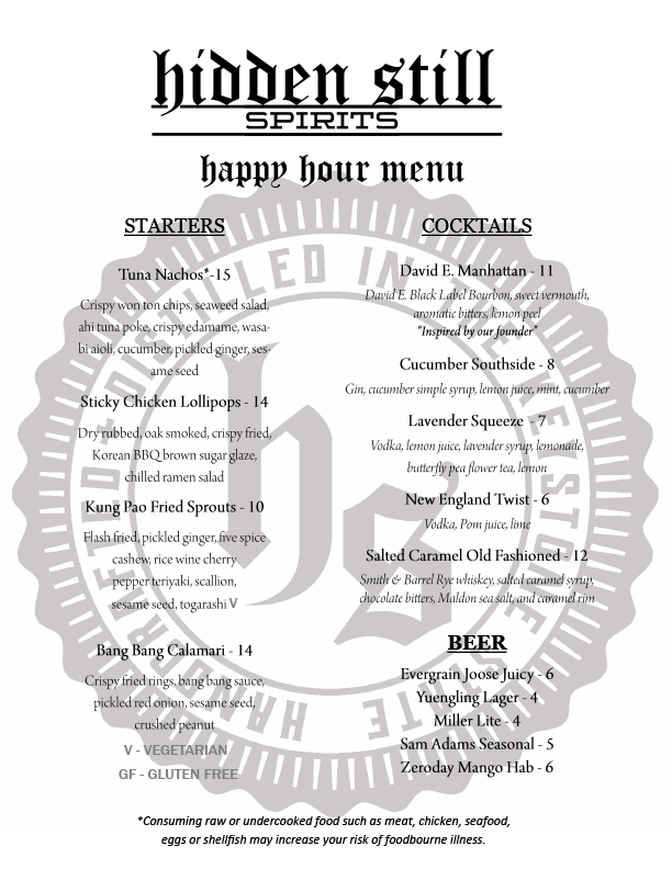 Lunch, Dinner, Kids & Beverage Menus — Hidden Still Spirits