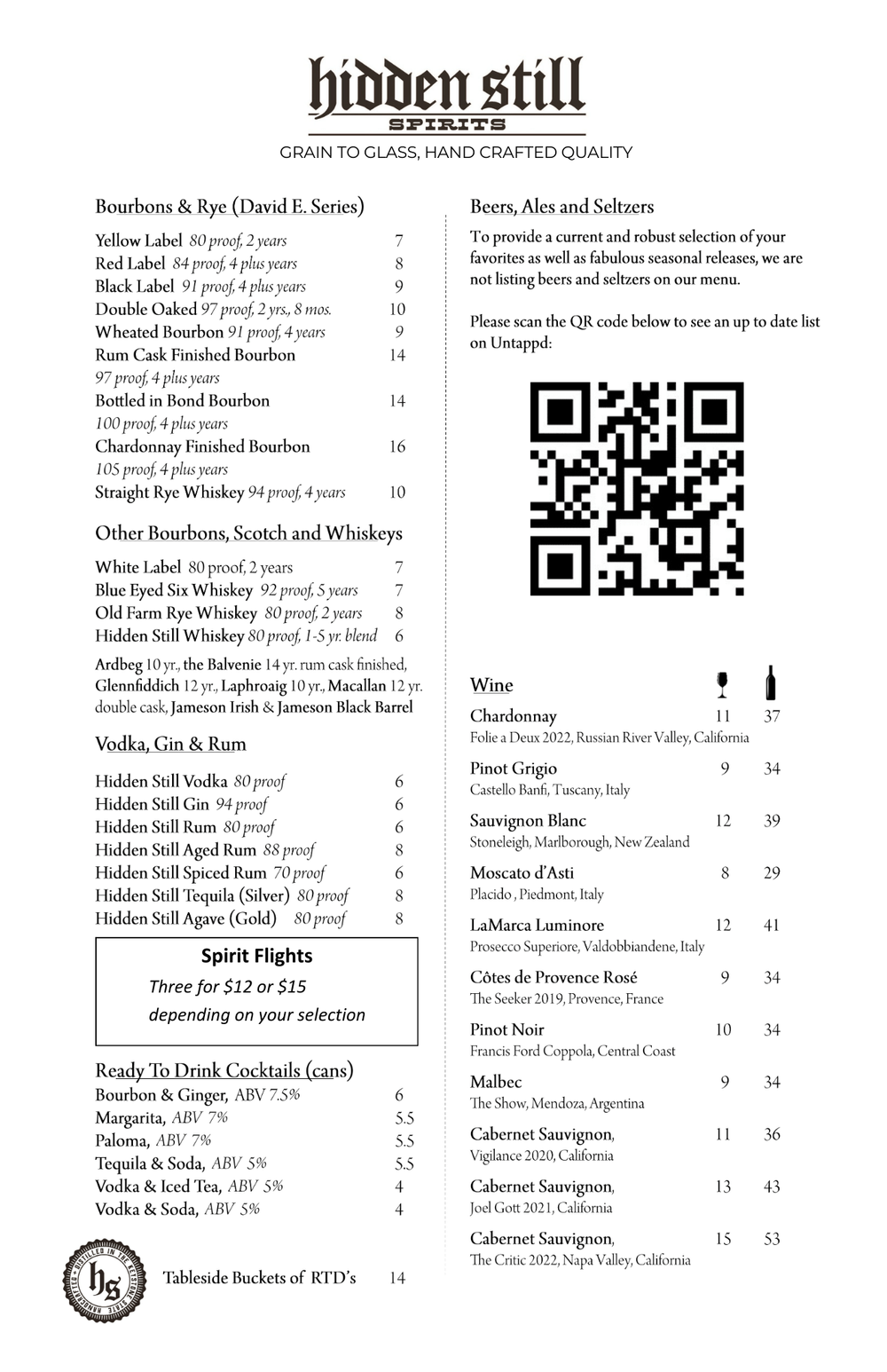 Lunch, Dinner, Kids & Beverage Menus — Hidden Still Spirits