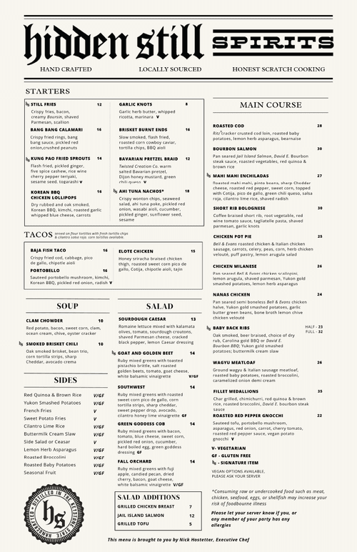 our mENUS — Hidden Still Spirits