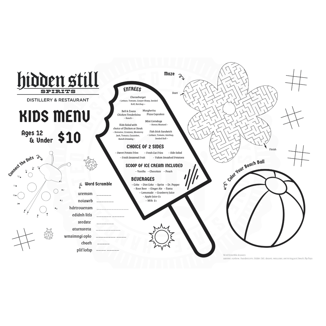 Lunch, Dinner, Kids & Beverage Menus — Hidden Still Spirits