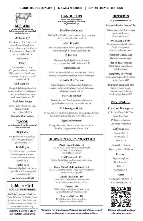 Lunch, Dinner, Kids & Beverage Menus — Hidden Still Spirits