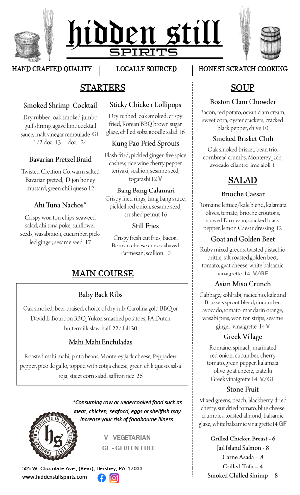 Lunch, Dinner, Kids & Beverage Menus — Hidden Still Spirits