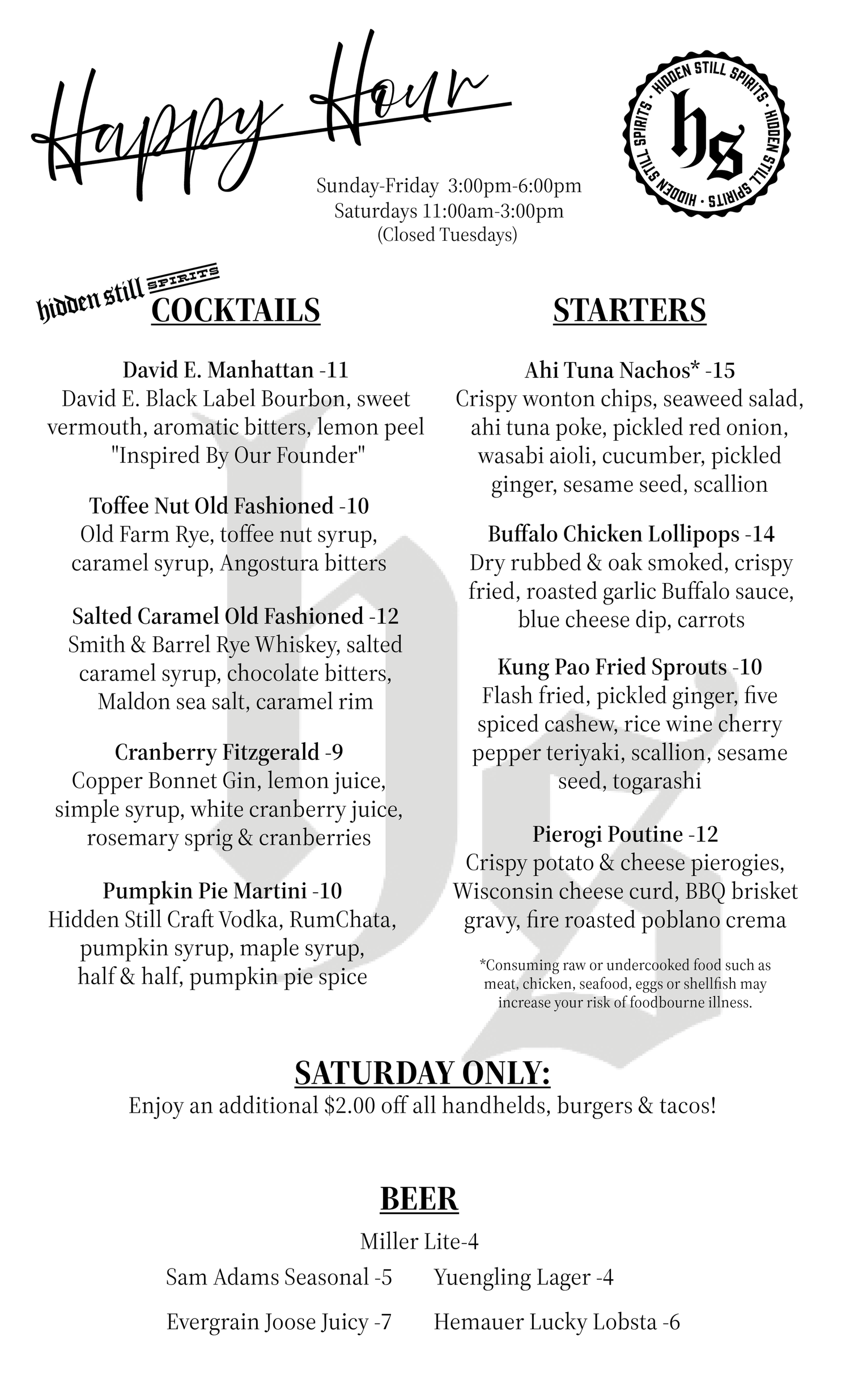 our mENUS — Hidden Still Spirits