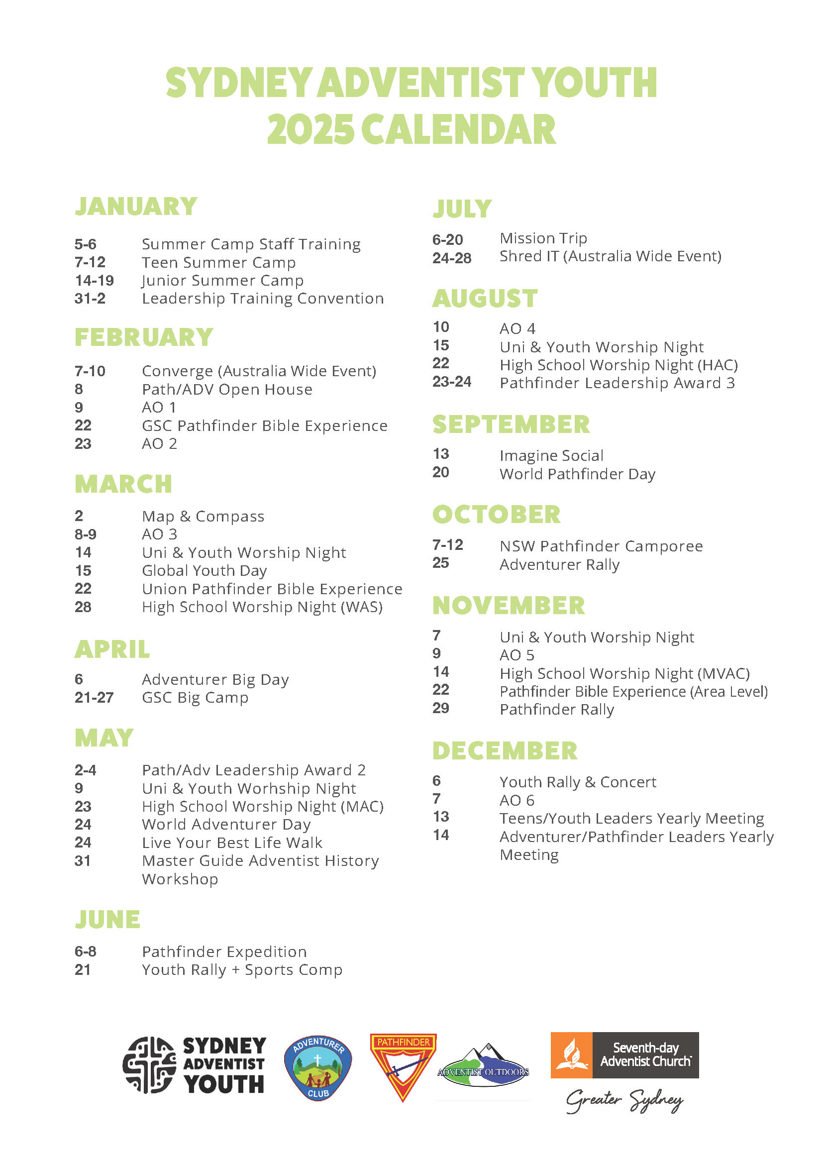 CALENDAR — SYDNEY ADVENTIST YOUTH