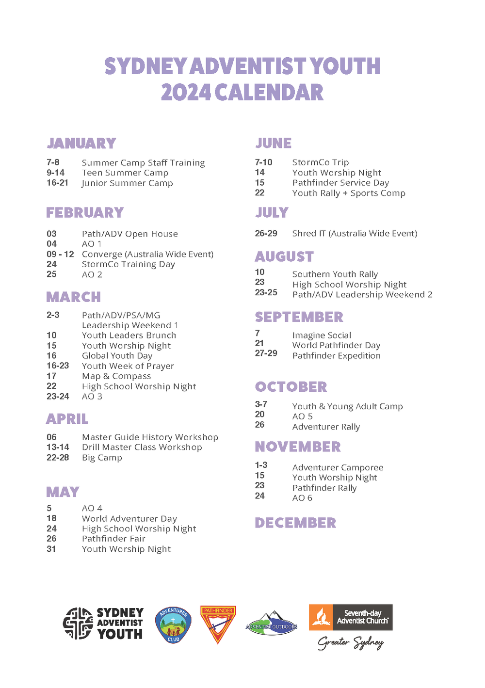 CALENDAR — SYDNEY ADVENTIST YOUTH
