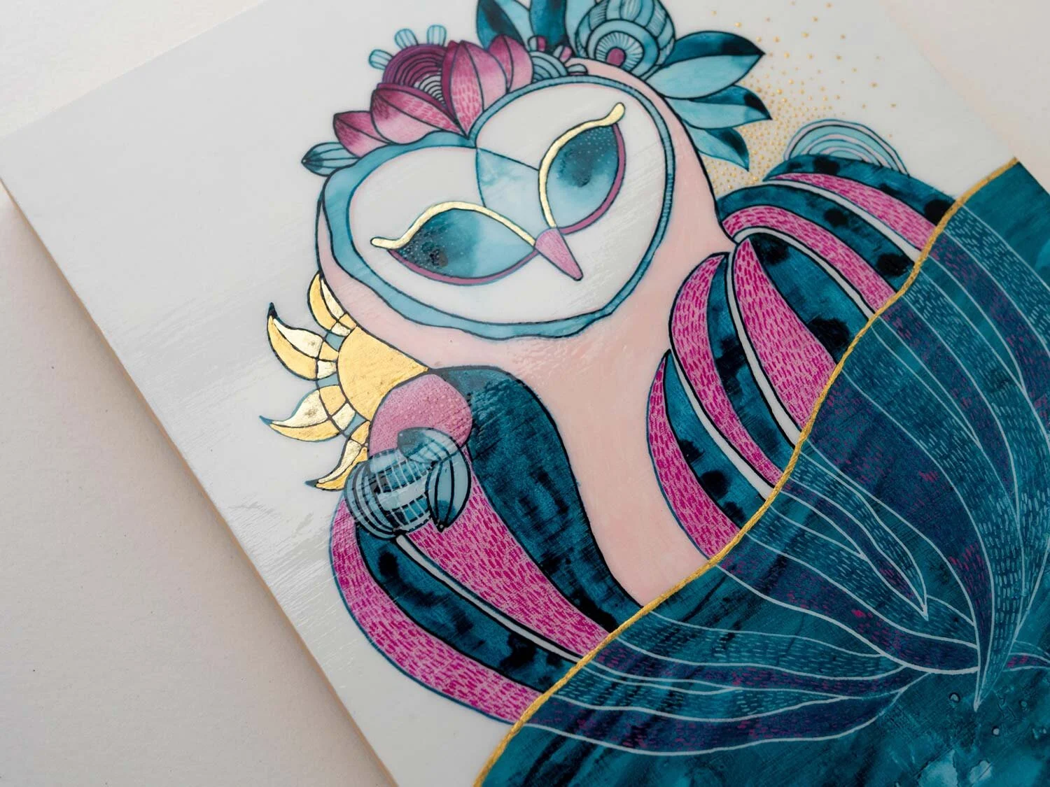 'Owl In Gold' on wood panel — EVE DEVORE