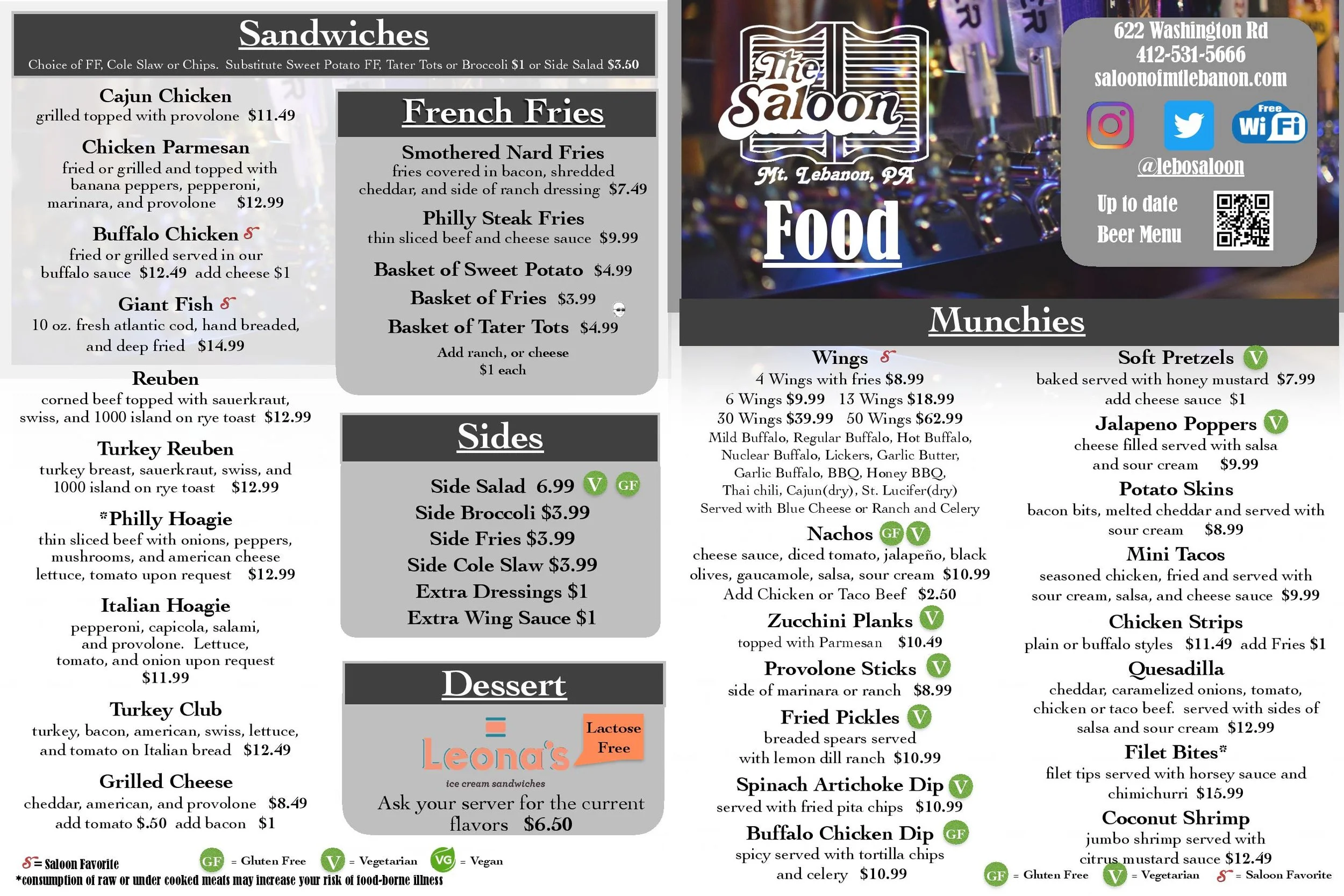 The Saloon Mt Lebanon Menu — Saloon of Mt. Lebanon