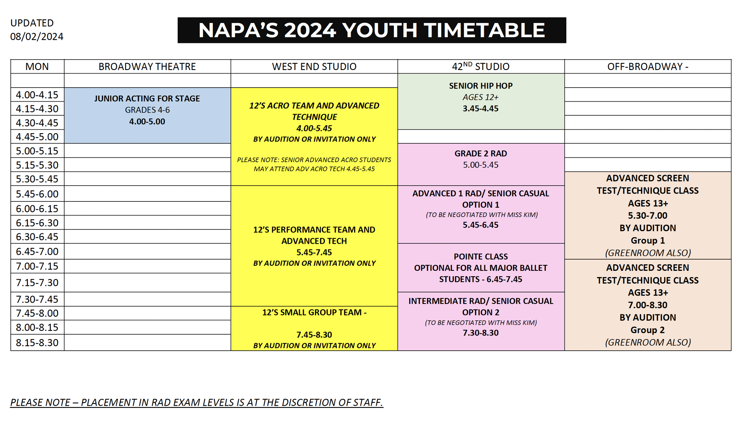 Timetable — National Academy of Performing Arts (NAPA)