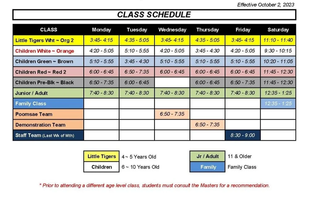 Class Schedule — Tiger Kim's Taekwondo