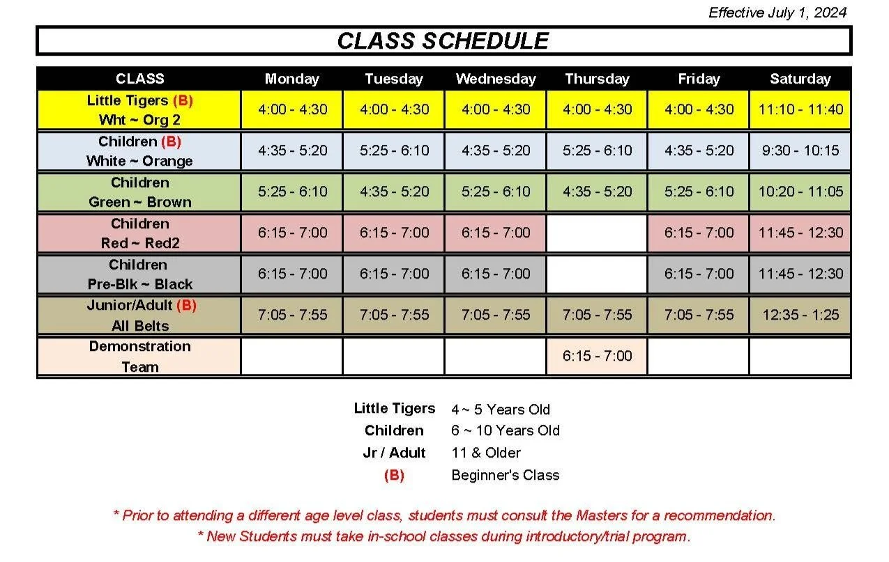 Class Schedule — Tiger Kim's Taekwondo