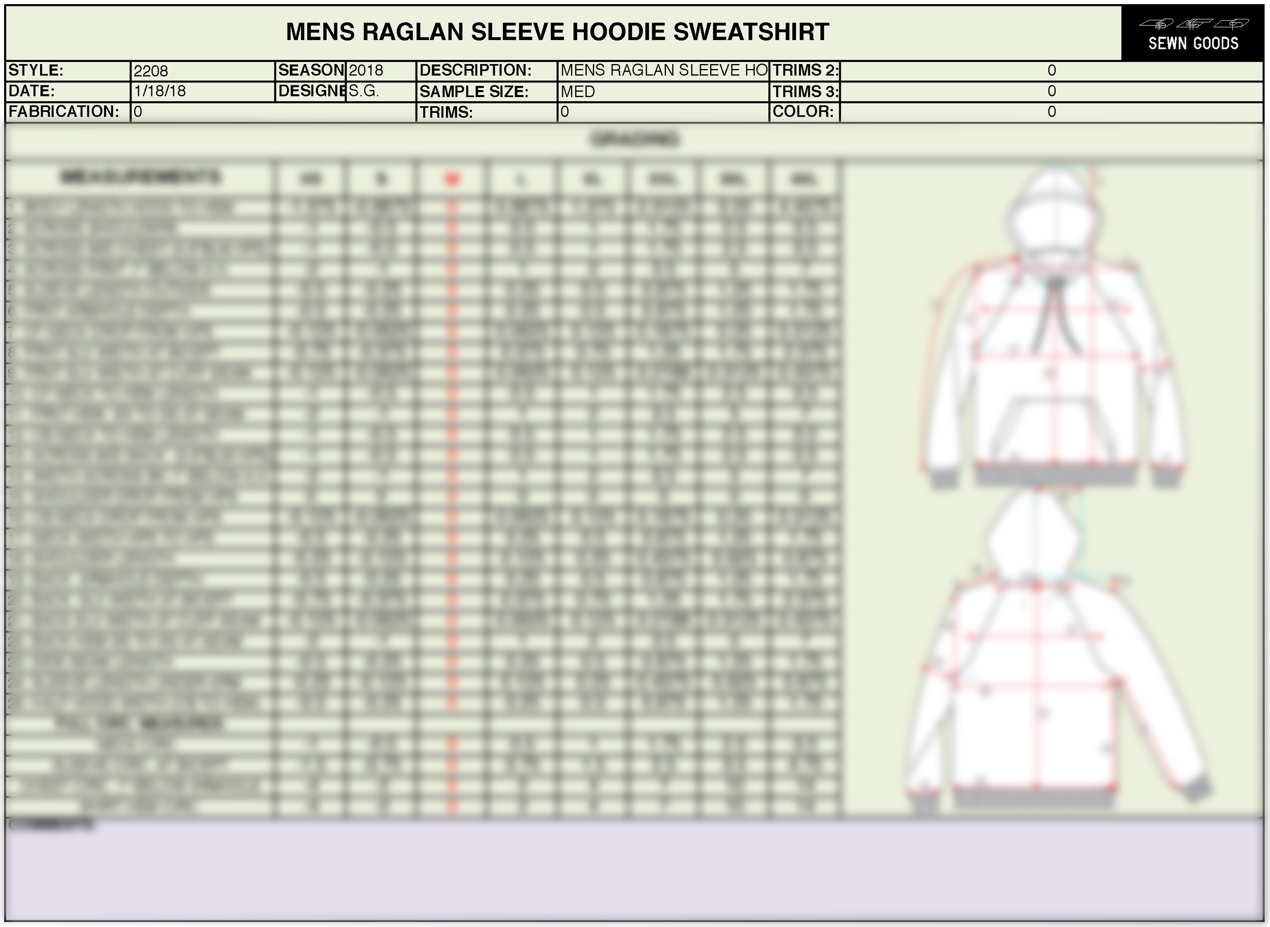 2208 RAGLAN SLEEVE HOODIE TECH PACK TEMPLATE XS-4XL — SEWN GOODS ...