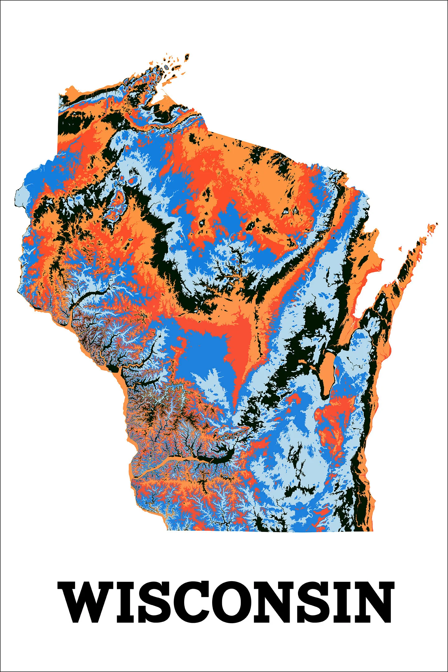 Wisconsin Topography, 100 ft contours, artistic interpretation, 5 ...