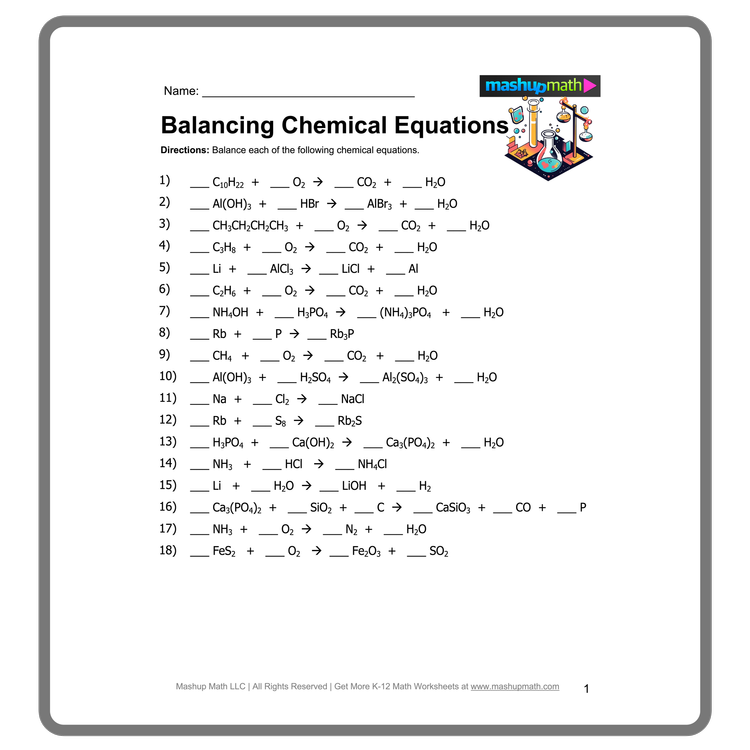 Balancing Chemical Equations Worksheets (with Answers) — Mashup Math