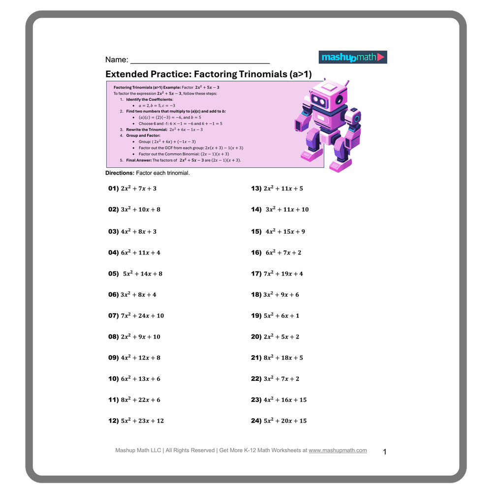 Factoring Trinomials Worksheet Library — Mashup Math